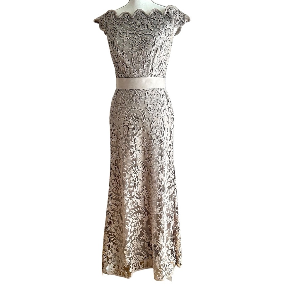 Tadashi Shoji Beige Brown Lace Overlay Belted Long Dr… - Gem